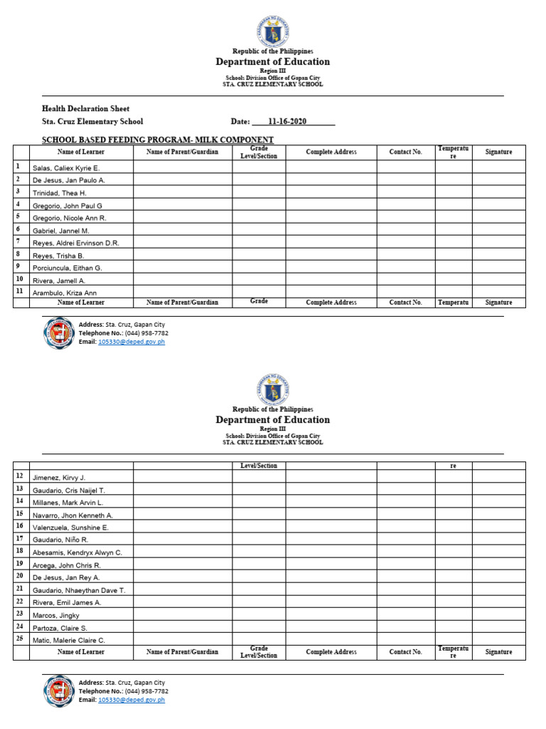 Contact Tracing Health Declaration Form Milk | PDF