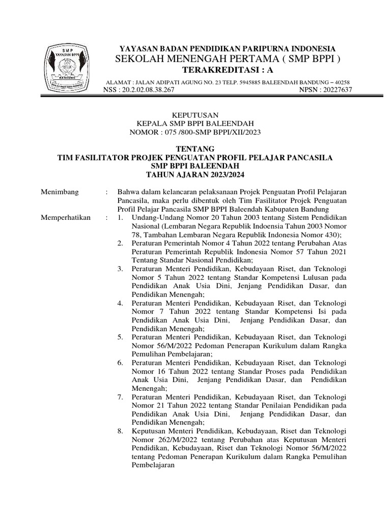 SK. Fasilitator Projek P5 | PDF