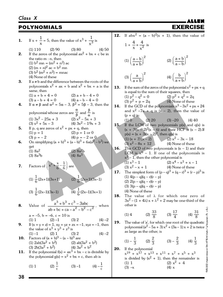 PA10MT - Ex - Polynomials (A) | PDF | Zero Of A Function | Polynomial