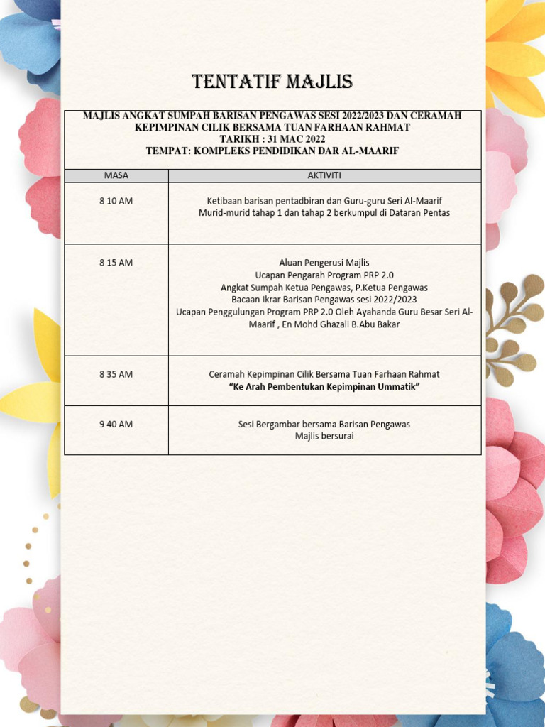 Tentatif Majlis Angkat Sumpah Pengawas | PDF