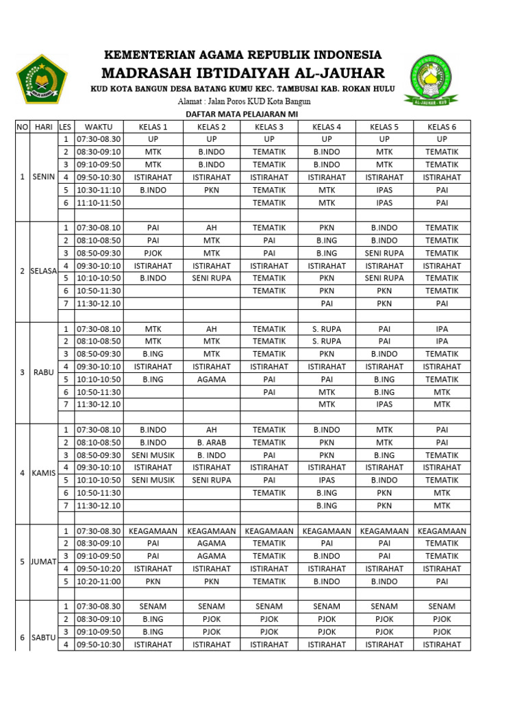 Jadwal Pelajaran MTS 2024 | PDF
