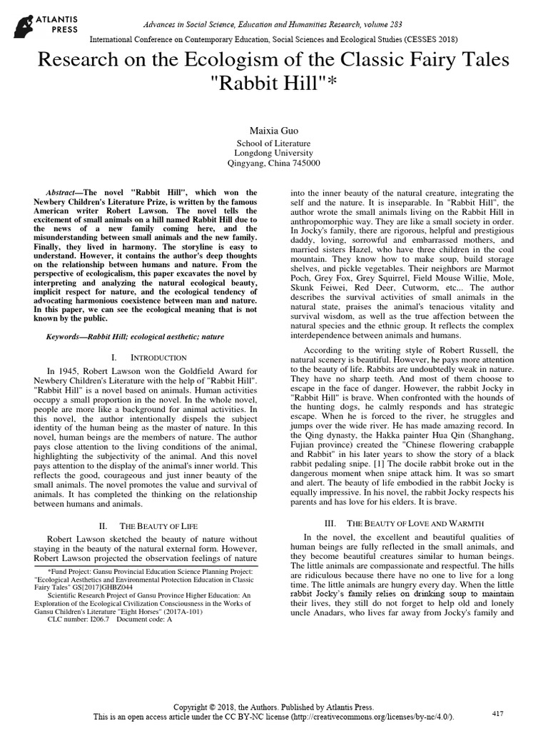 Research On The Ecologism of The Classic Fairy Tales "Rabbit Hill" | PDF