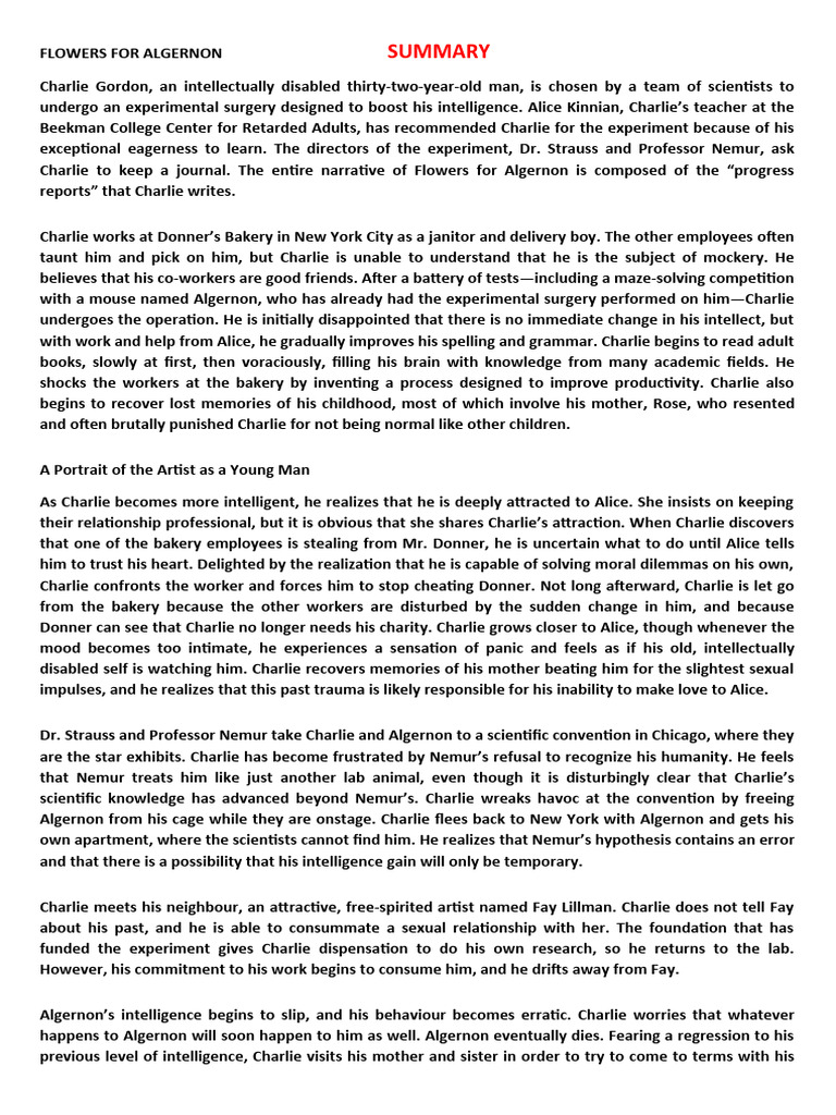 Summary of Flowers for Algernon | PDF