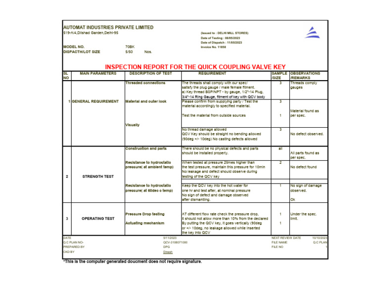 QCV Key Test Certifiactes | PDF | Valve | Gas Technologies