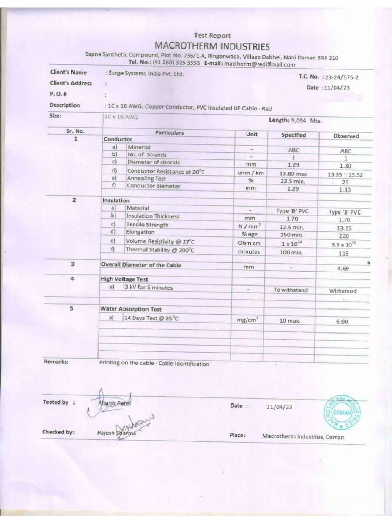 Red Wire Test Certificates | PDF