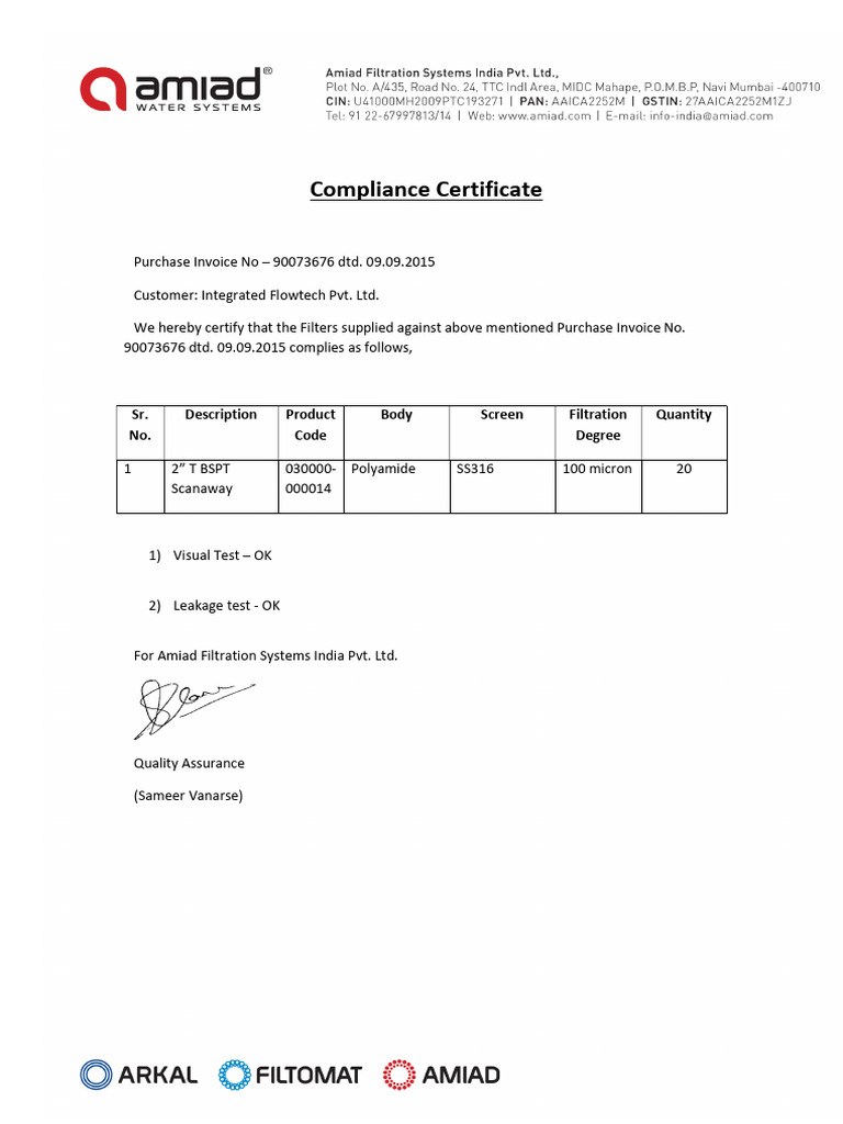 Amaid Filter Test Certificate | PDF