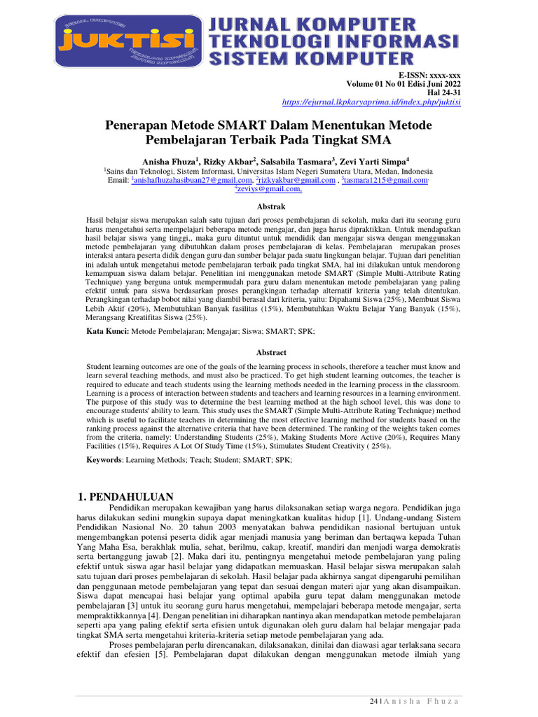 Penerapan Metode SMART Dalam Menentukan Metode Pembelajaran Terbaik Pada Tingkat SMA | PDF