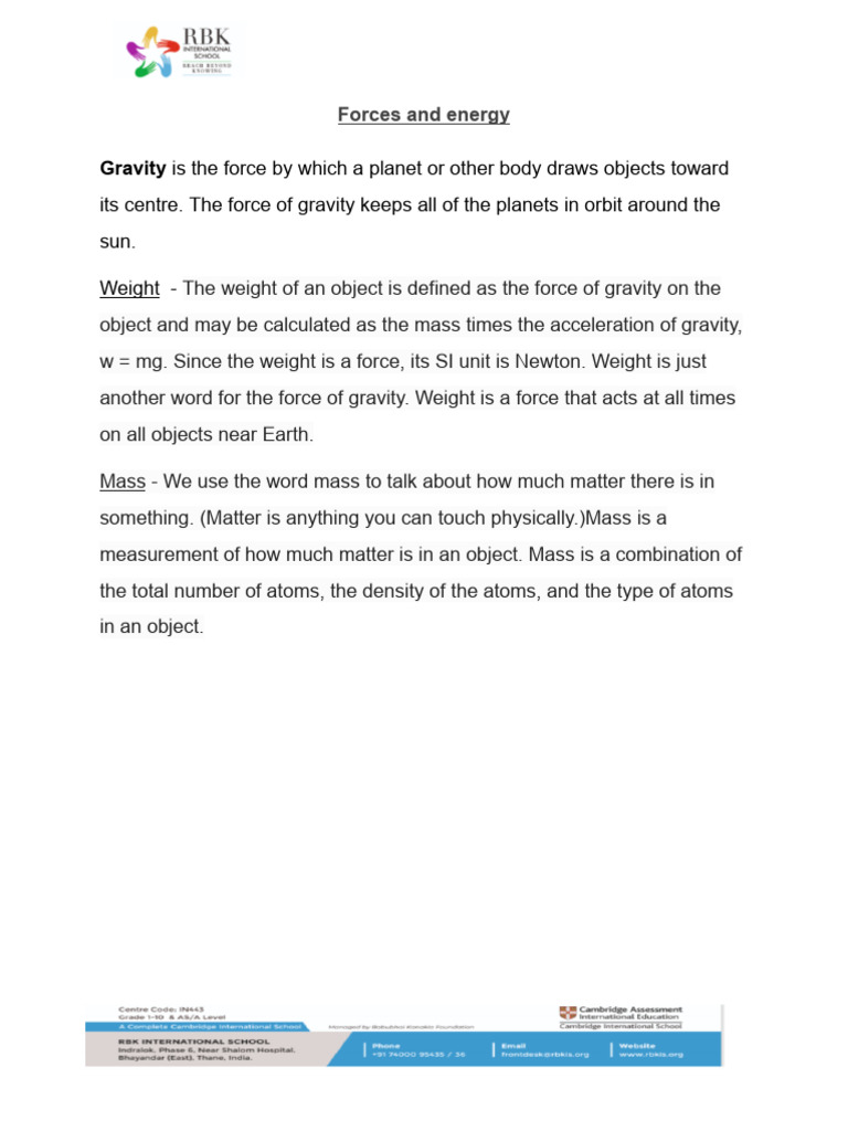 Science Notes Chapter 3.1 (Grade 6) | PDF | Weight | Force