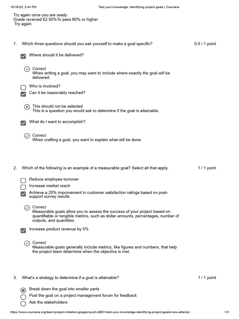Test Your Knowledge - Identifying Project Goals - Coursera | PDF | Goal ...