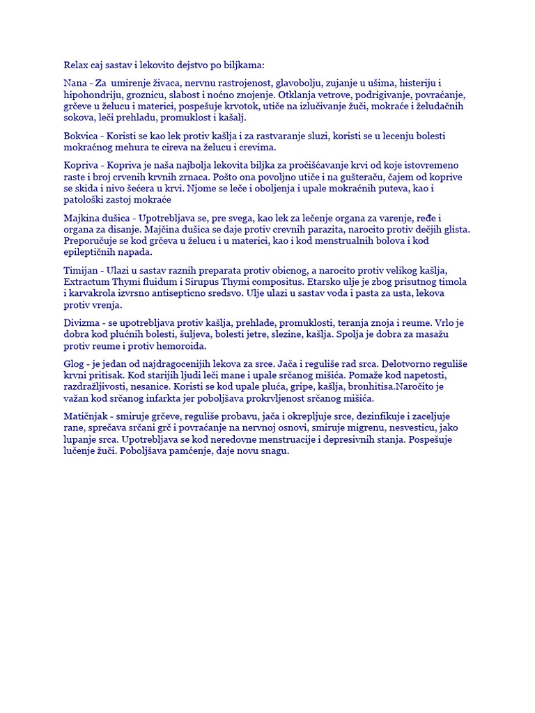 Relax Caj Sastav I Lekovito Dejstvo Po Biljkama | PDF