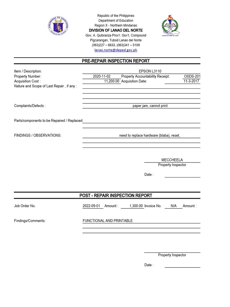 Pre Repair and Post Repair Inspection Report | PDF | Manufactured Goods