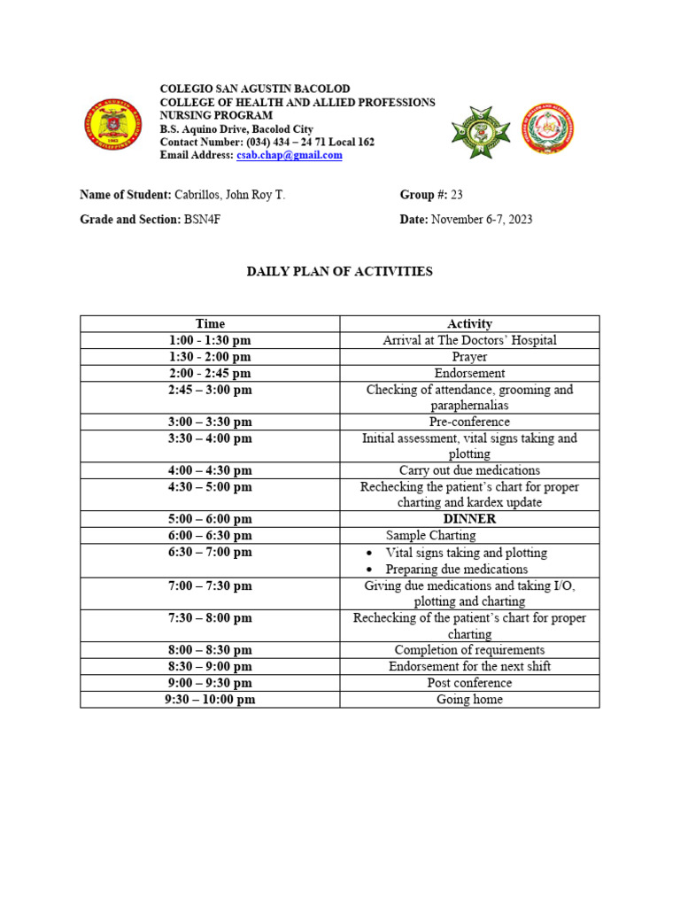 Nursing Program Daily Activity Plan | PDF