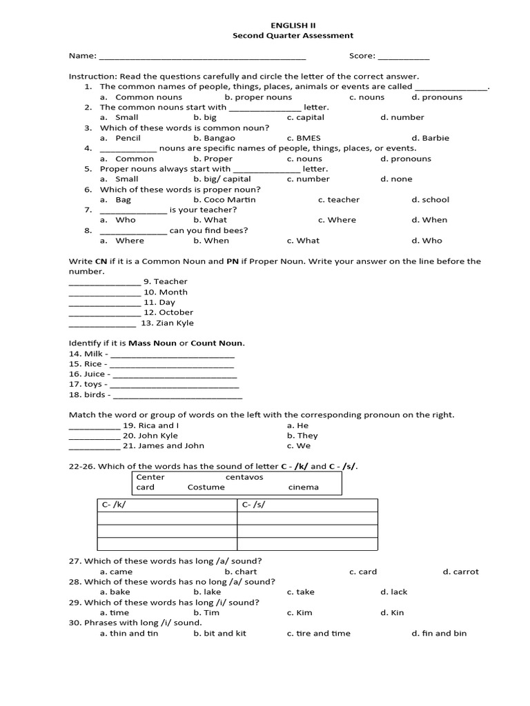 English II Second Quarter Test | PDF | Noun | Language Mechanics