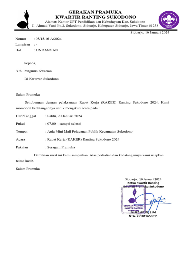 Undangan Raker Pramuka Sukodono 2024 | PDF