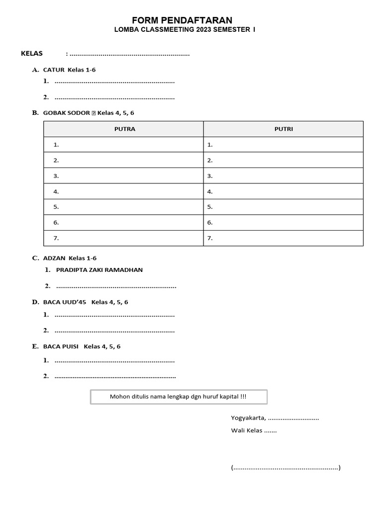 Form Lomba Classmeeting 2023 | PDF
