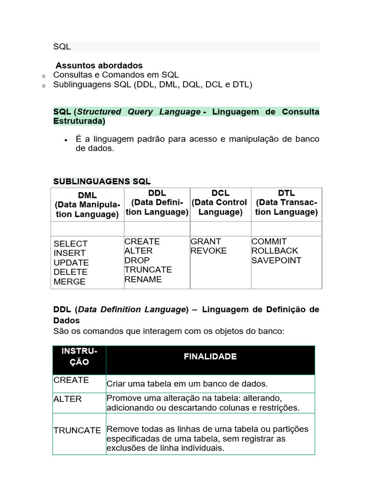 Comandos e Sublinguagens SQL Explicados | PDF | SQL | Design de software