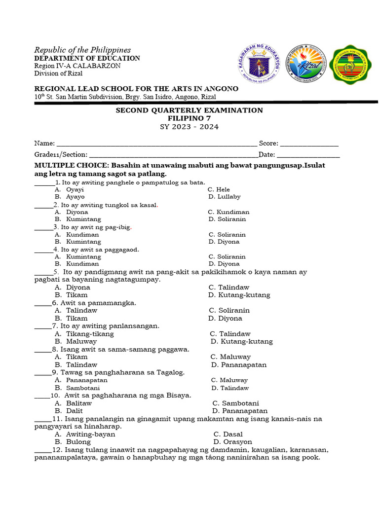 Filipino 7 - 2ND Quarterly Test | PDF