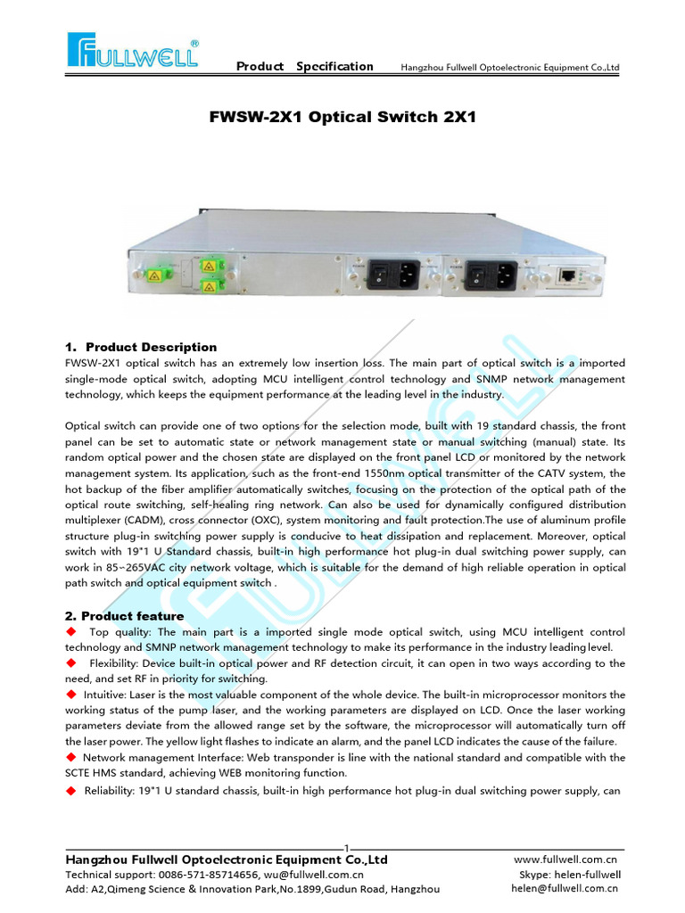 FWSW-2X1 Optical Switch 2x1-FULLWELL | PDF | Power Supply | Computing