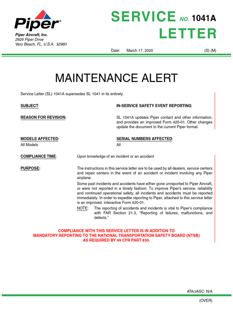 Service Letter: Maintenance Alert | PDF | Piper Aircraft | Transport ...