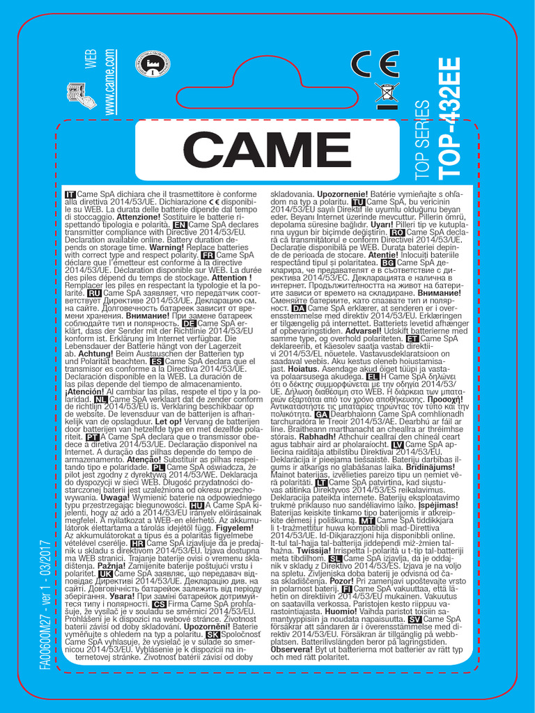 CAME Top 432EE Remote Instructions | PDF