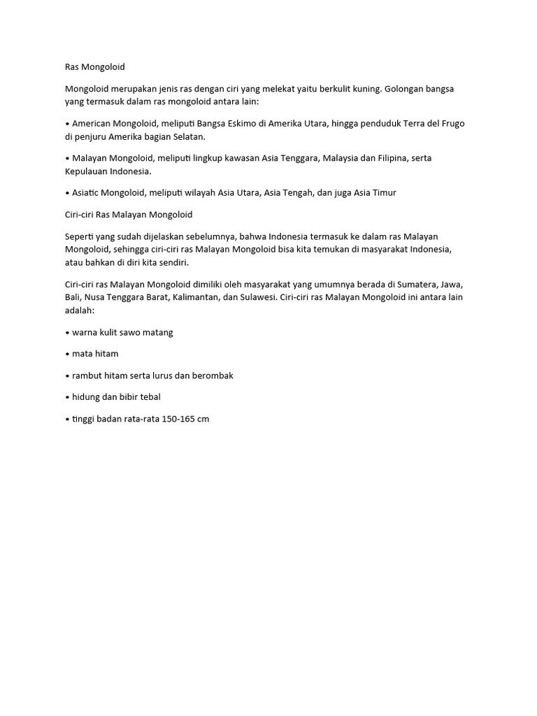 Ciri-Ciri Ras Malayan Mongoloid | PDF