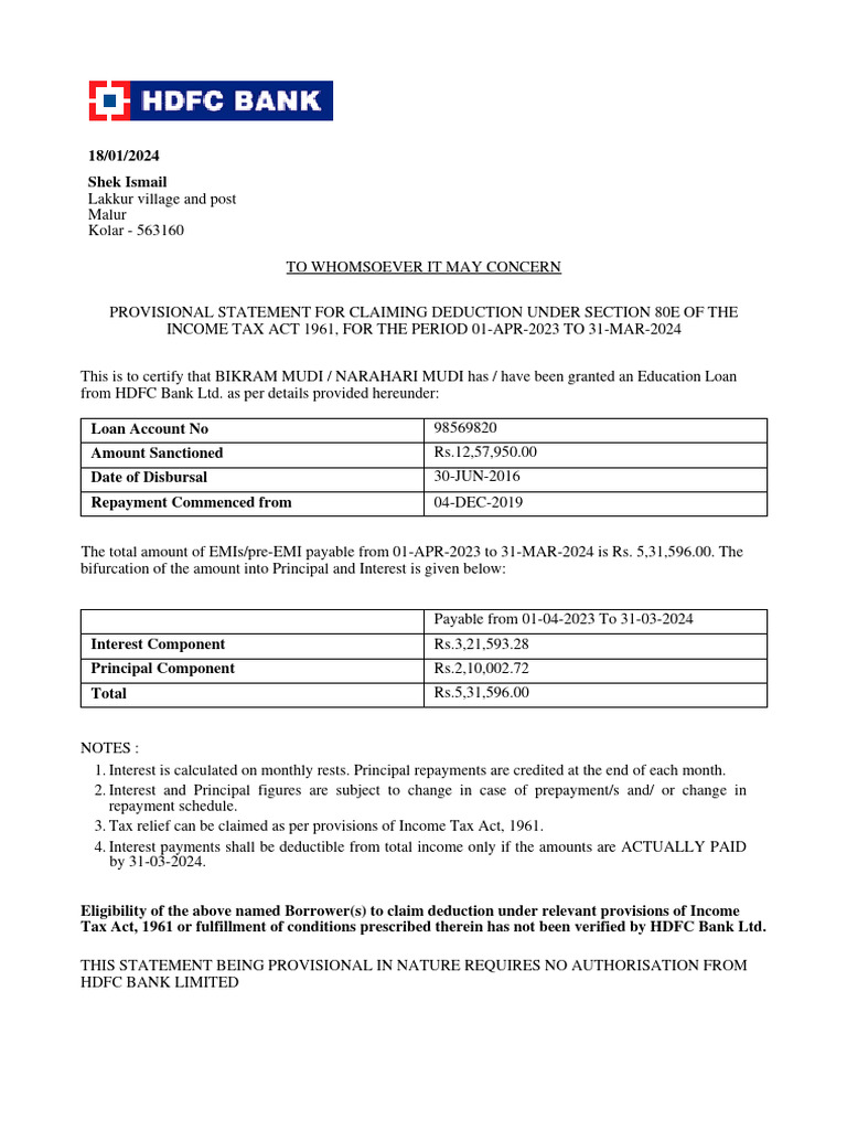 Education Loan Interest Cert | PDF