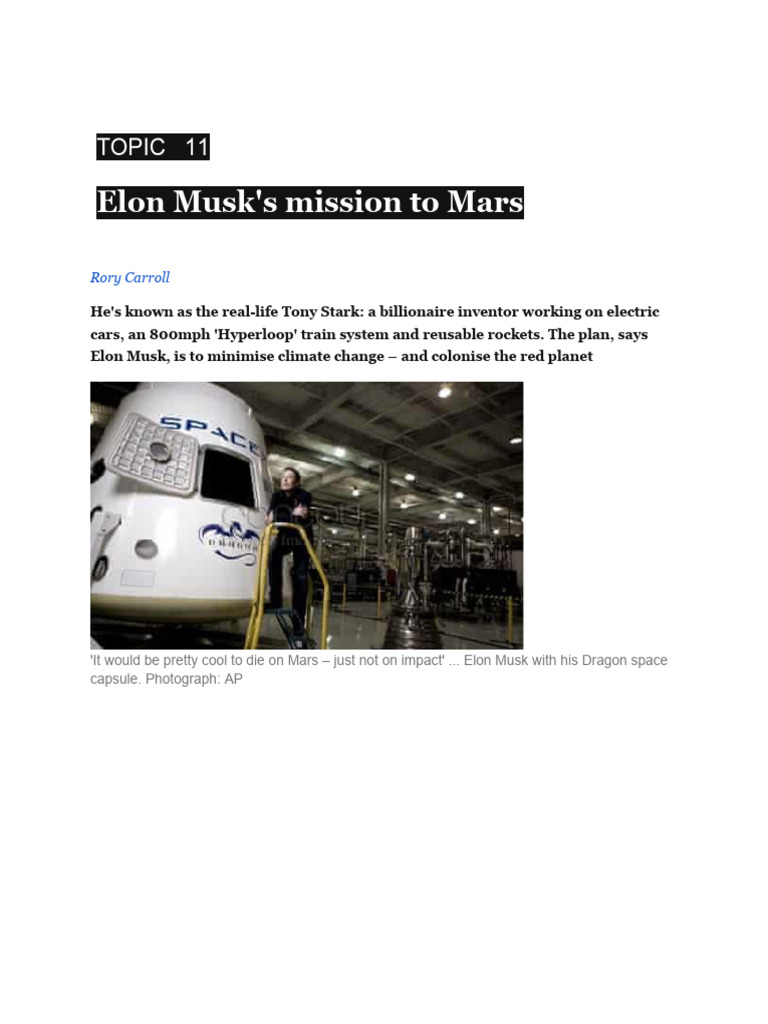 Elon Musk's Mars Colonization Plan | PDF | Space X | Nasa