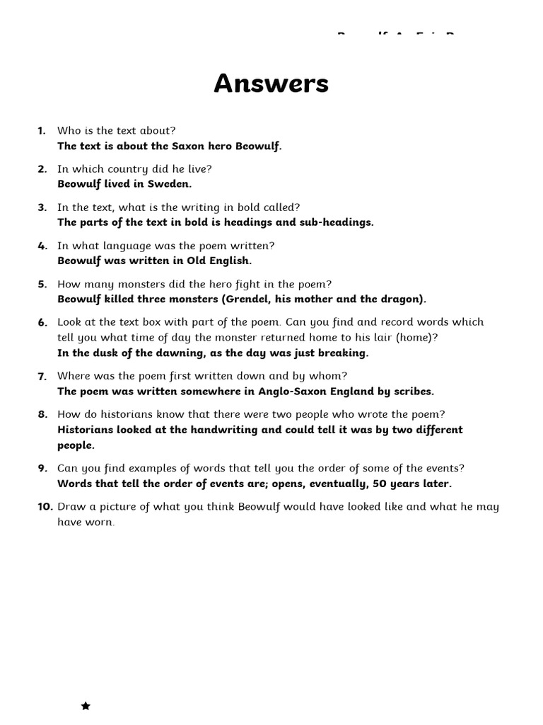 English Day 1b Beowulf Answers | PDF