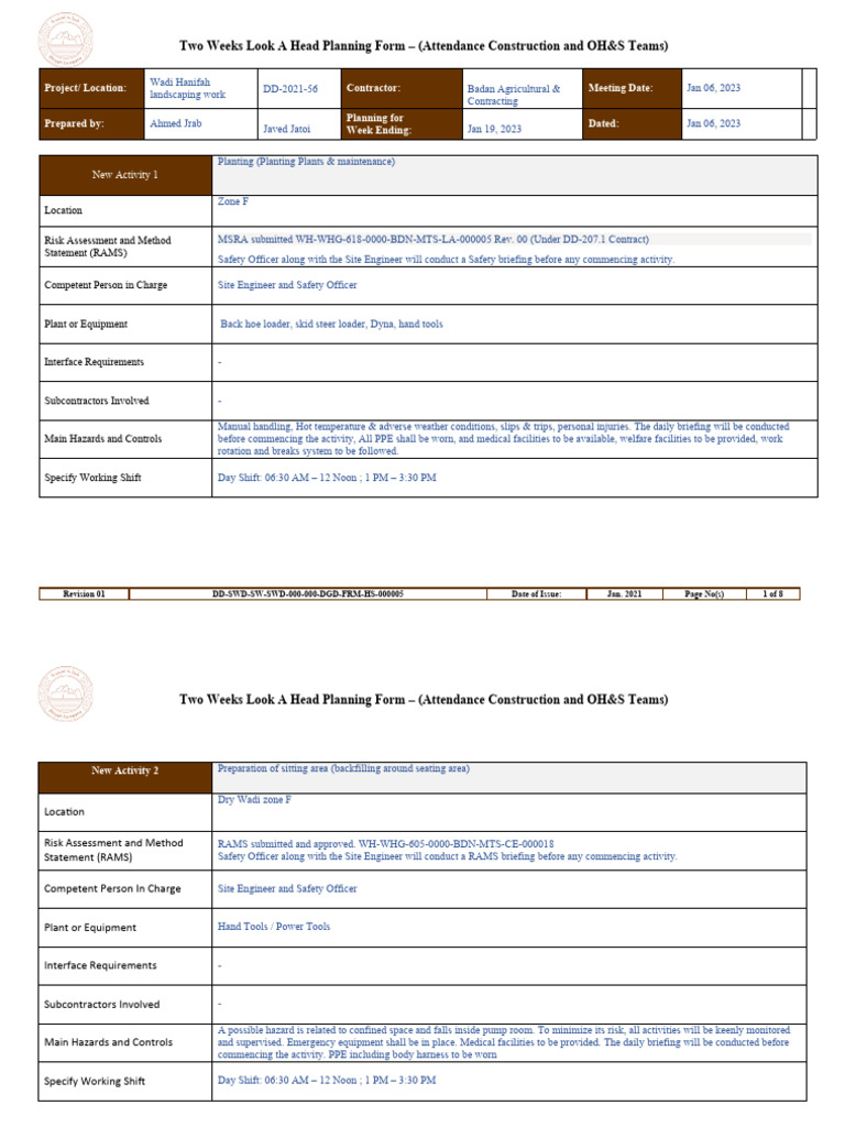Two Weeks Look A Head Planning Form Jan-06 - Jan-19 | PDF | Personal ...