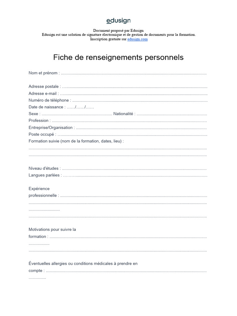 Fiche de Renseignements Personnels | PDF