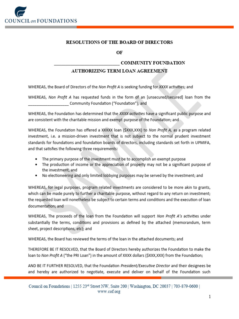 PRI Board Resolution Sample - 1 | PDF | Loans | Nonprofit Organization