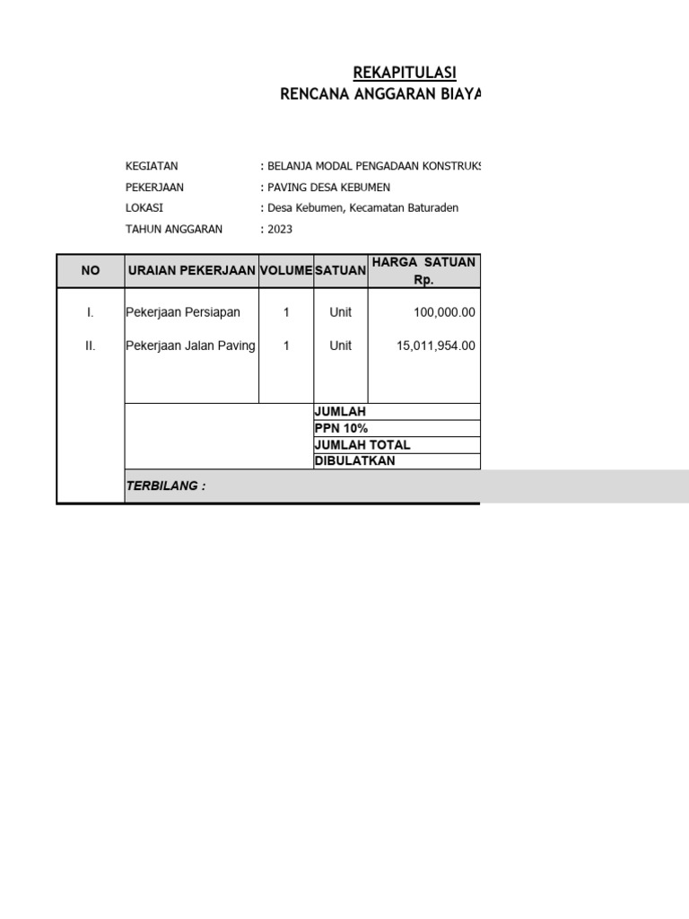 RAB Paving Jalan Desa Kebumen 2023 | PDF