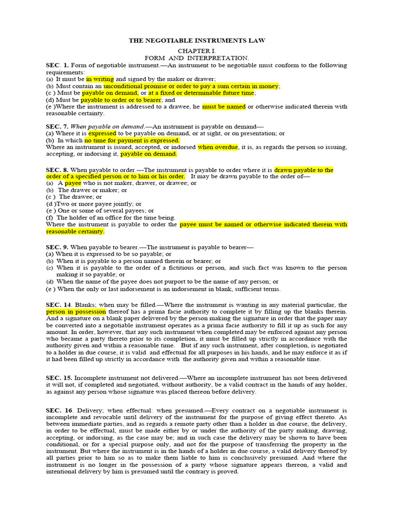 NIL Important Provisions | PDF | Negotiable Instrument | Civil Law ...