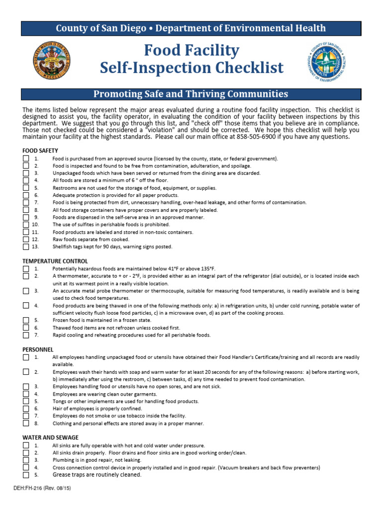 Food Facility Self Inspection Checklist | Download Free PDF | Hand ...