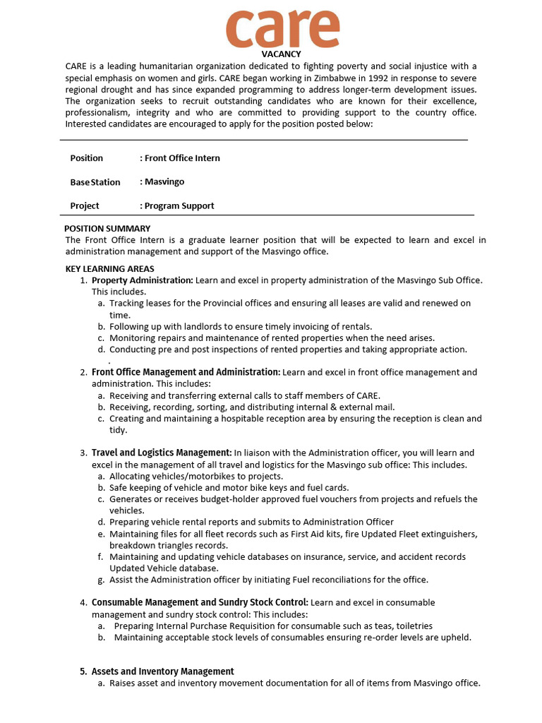 Front Office Intern Vacancy | PDF | Harassment | Disability