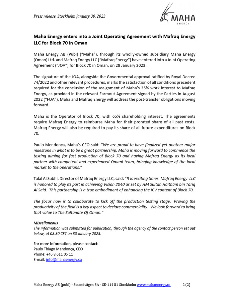 Maha Energy Press Release Execution Joa Eng | PDF | Oman | Economies