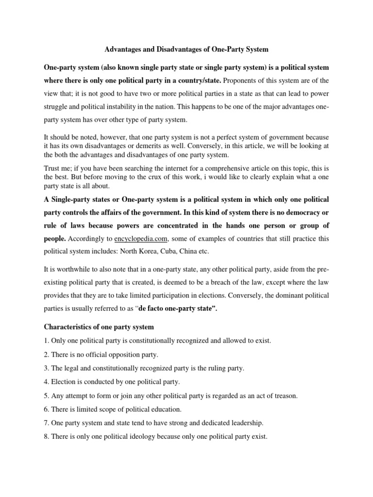 Pros and Cons of One-Party System | PDF | Dictatorship | Political Science
