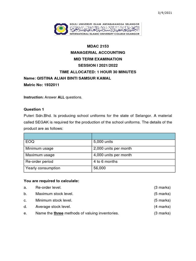 Mid Term Test - MDAC 2153 Sesi I 2021-2022 - 1932011 - MS32 5A | PDF ...