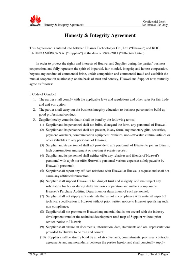 Huawei Integrity Agreement with Supplier | PDF | Bribery | Common Law