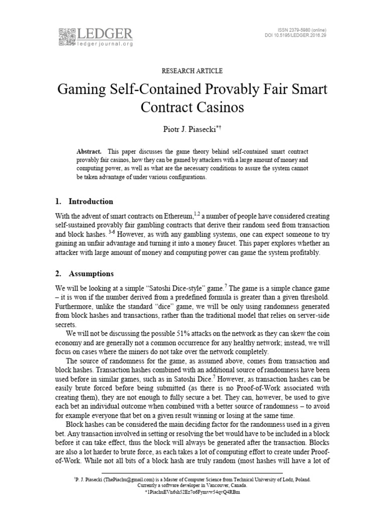 Gaming Self-Contained Provably Fair Smart Contract | PDF | Gambling ...