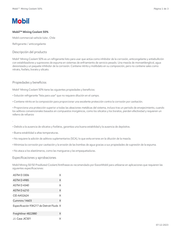 Ficha Tecnica Mobil™ Mining Coolant 50% | PDF | Corrosión | Ciencias ...