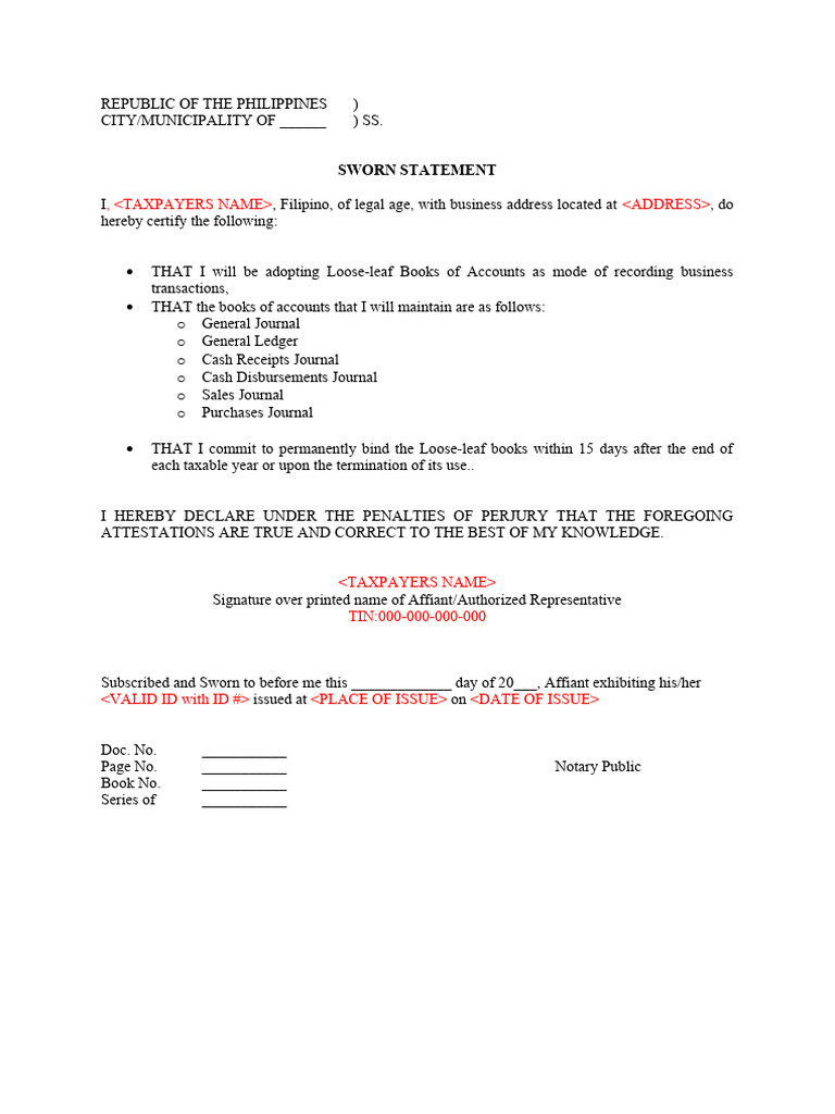 Sworn Statement For Application of Permit To Use Loose Leaf Books of Accounts | PDF