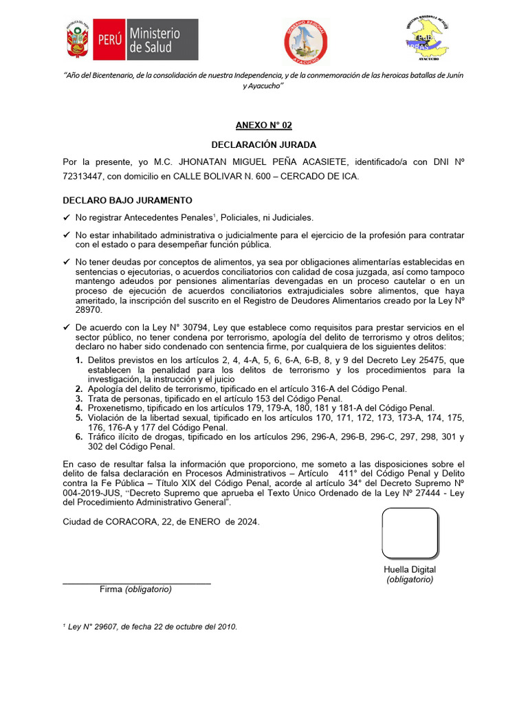 Anexo 02 Declaracion Jurada | PDF | Ley común | Justicia