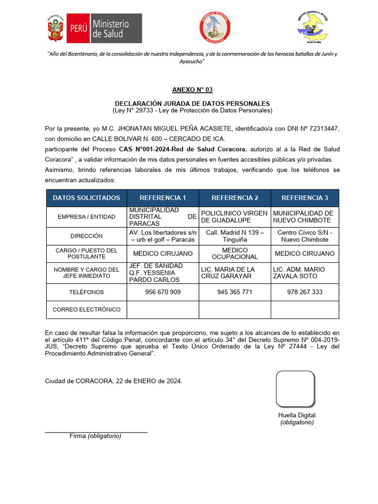 Anexo - 03 - DECLARACIÓN JURADA DE DATOS PERSONALES | PDF
