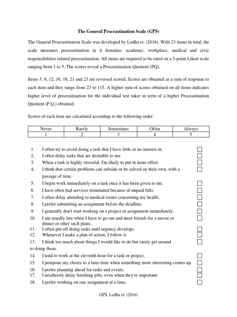 questionnaire GeneralProcrastinationScale | PDF | Procrastination ...