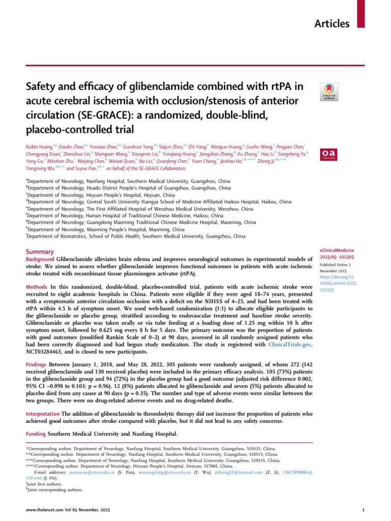 Safety and Efficacy of Glibenclamide Combined With rtPA in Acute - 2023 ...