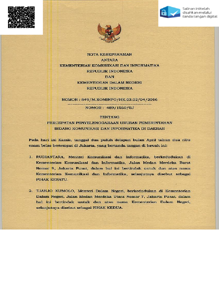 Mou Nota Kesepahaman Antara Kementerian Kominfo Kementerian Dalam