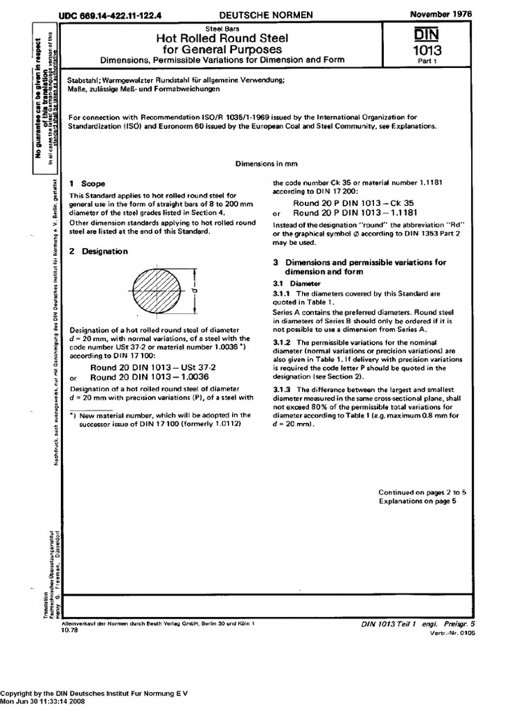 DIN 1013 1 1976, Hot Rolled Round | PDF