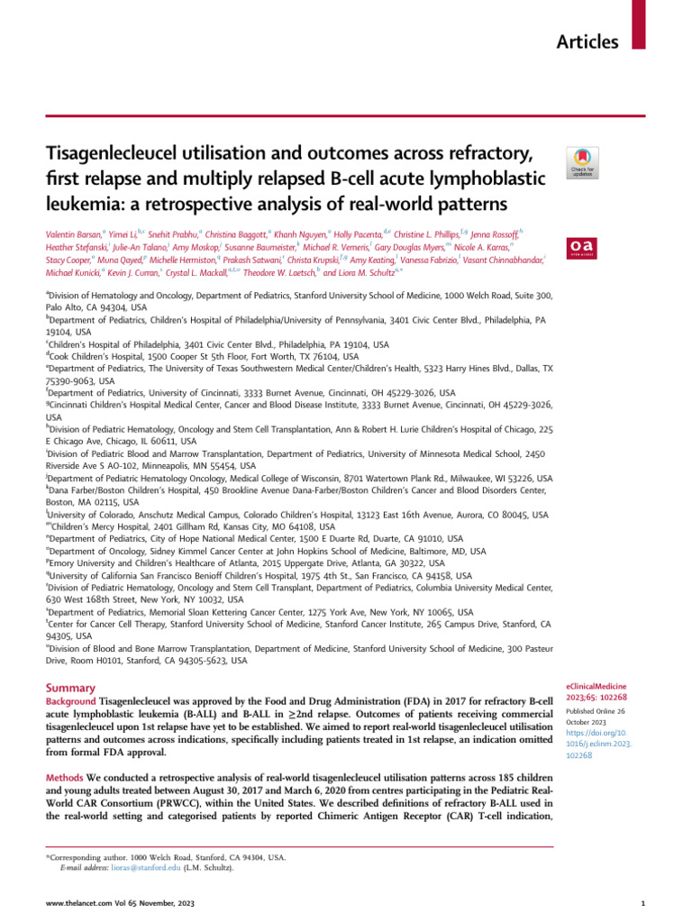 Tisagenlecleucel Utilisation and Outcomes Across Refractory Fir 2023 EClini | PDF | Clinical ...