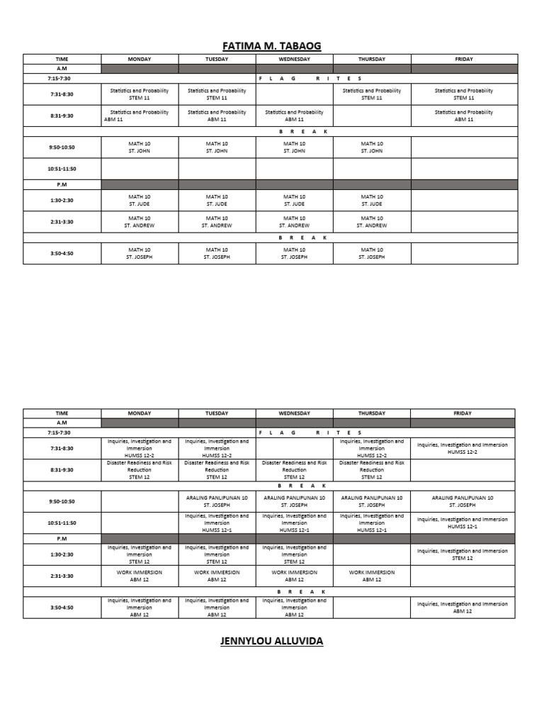 SHS Class Program 2023 2024 Teachers Schedule | PDF | Observation | Science
